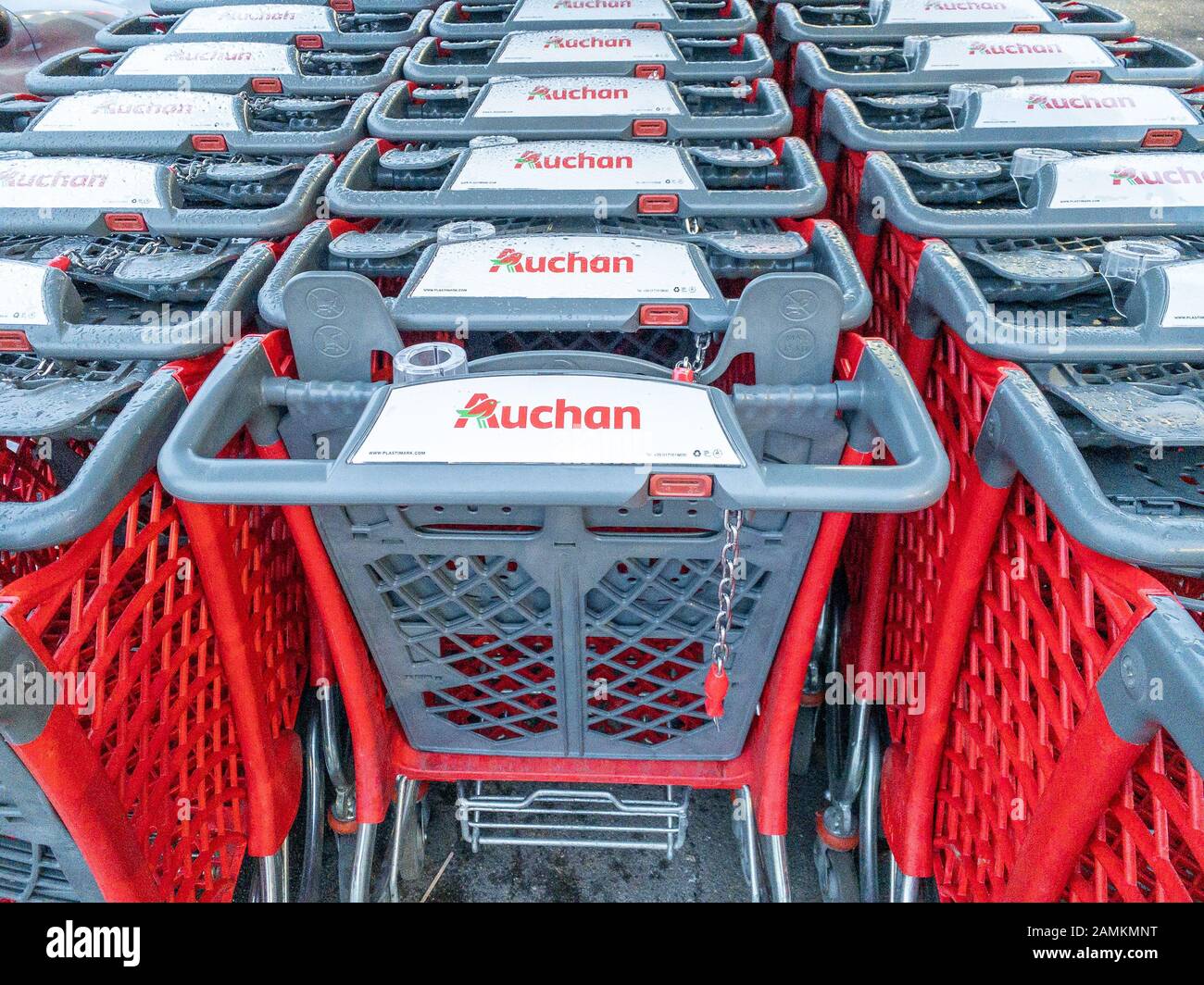 Calais, France - January 14, 2020 : Close-up shopping trolleys Auchan ...