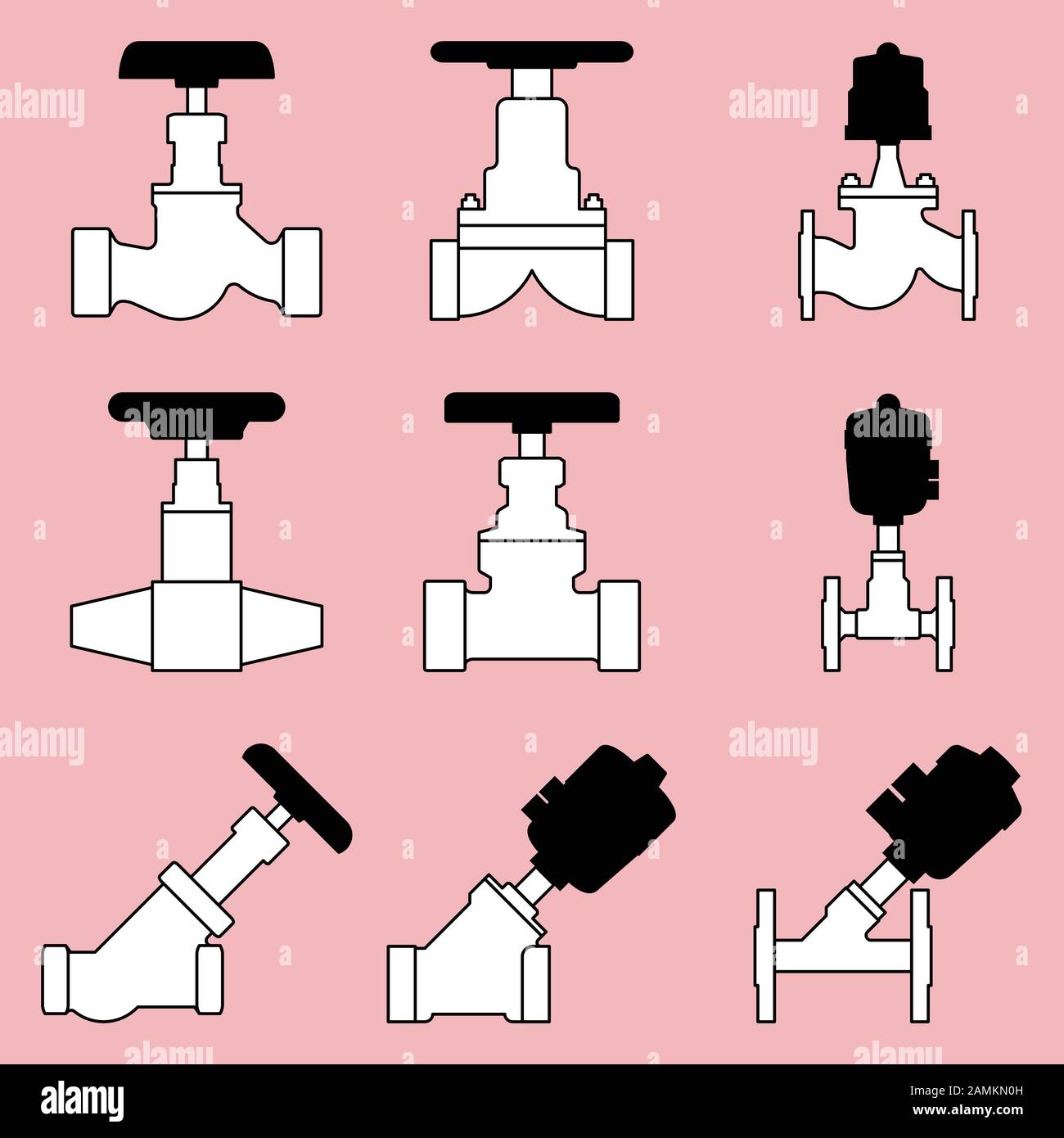 Various types of industrial valves. Flat icons on pink background Stock ...