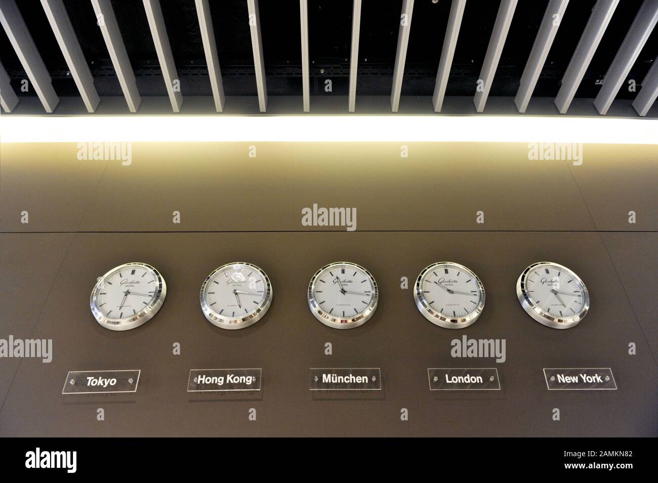 Clocks showing the time of day in different time zones in Lufthansa's ...