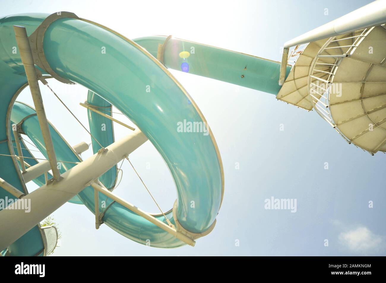 View from below to the big water slide in the Michaelibad in Munich ...