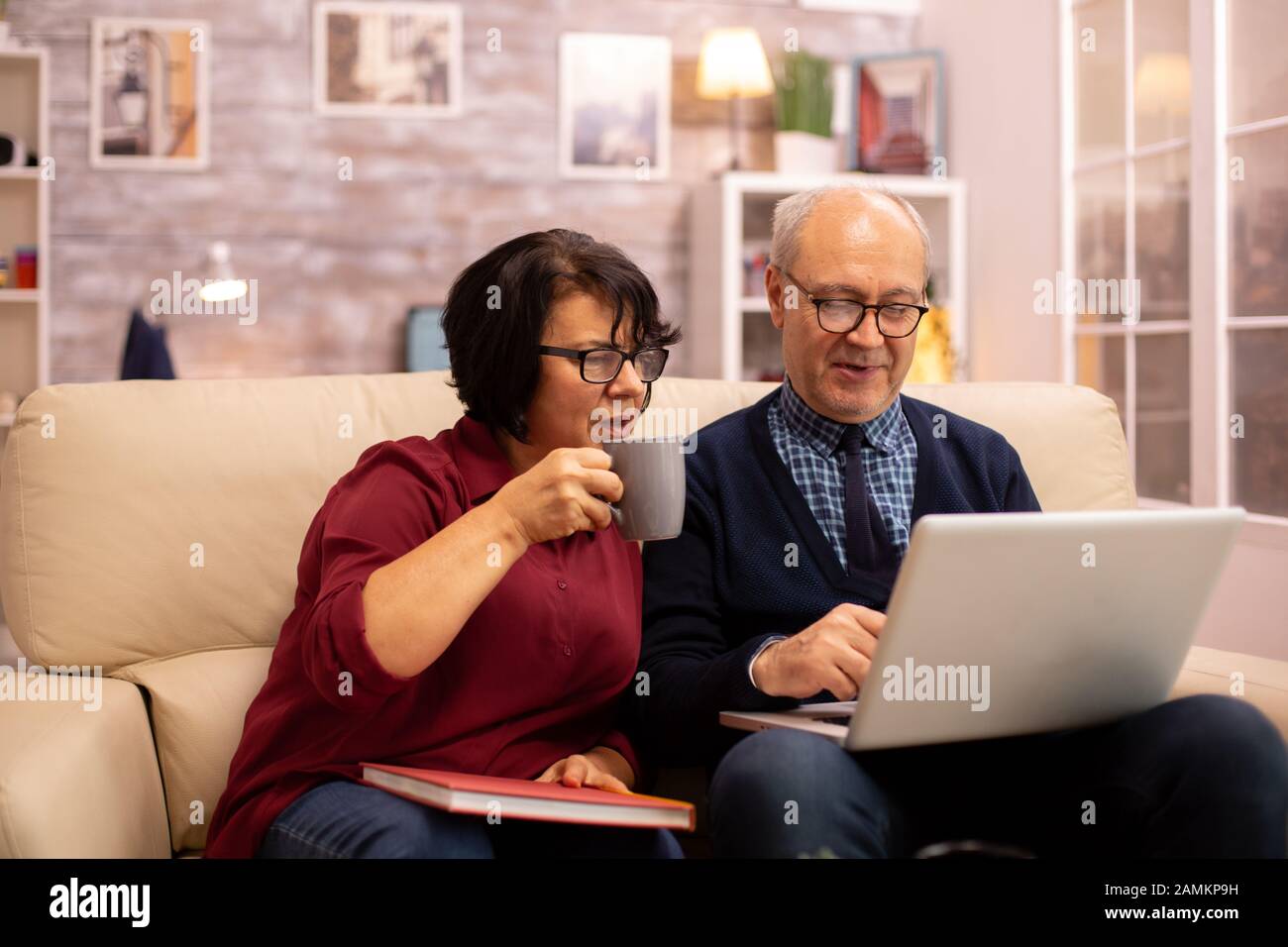 Grandmother and grandfather using a laptop to chat with their grandsons ...