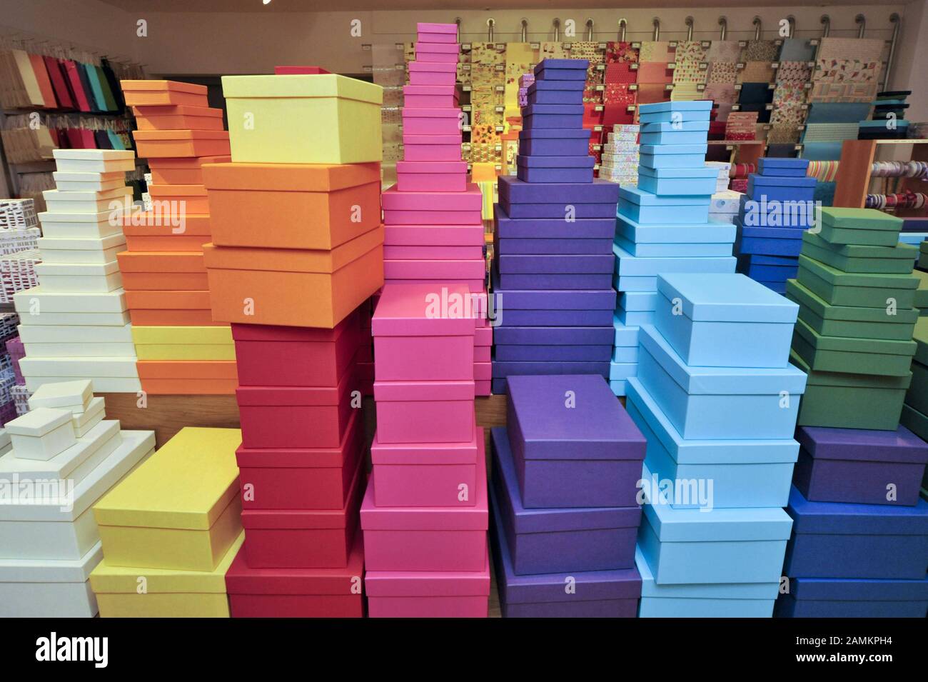Colourful cardboard boxes in the stationery department of the 'Store of ...
