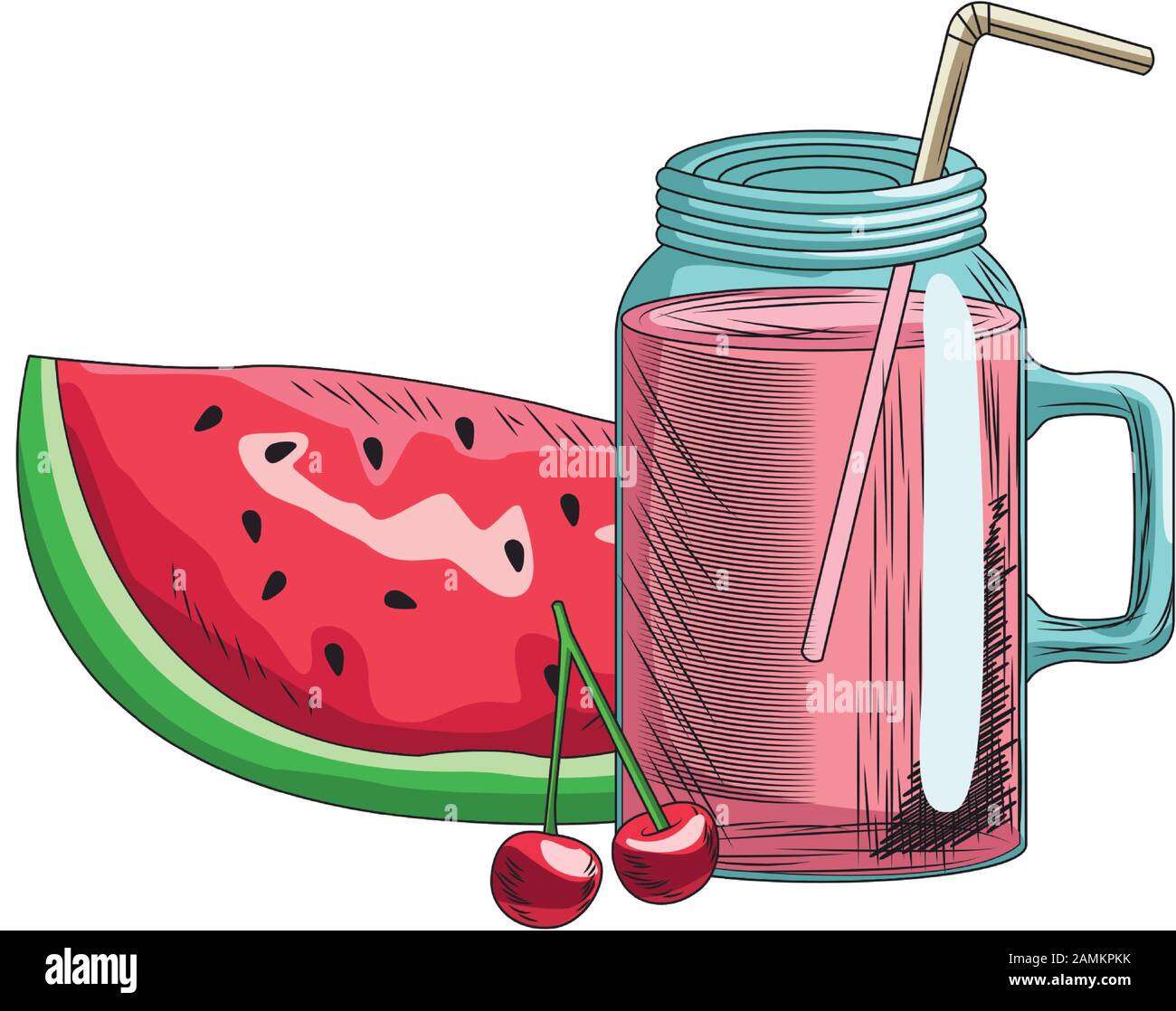 watermelon, cherries and smoothie drink, colorful design Stock Vector ...