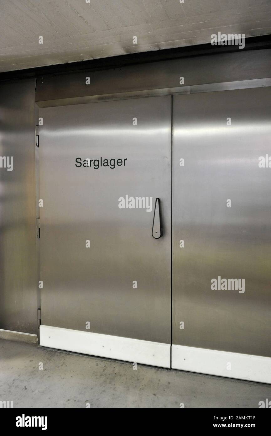 Door to the coffin store in the crematorium at the Ostfriedhof cemetery ...