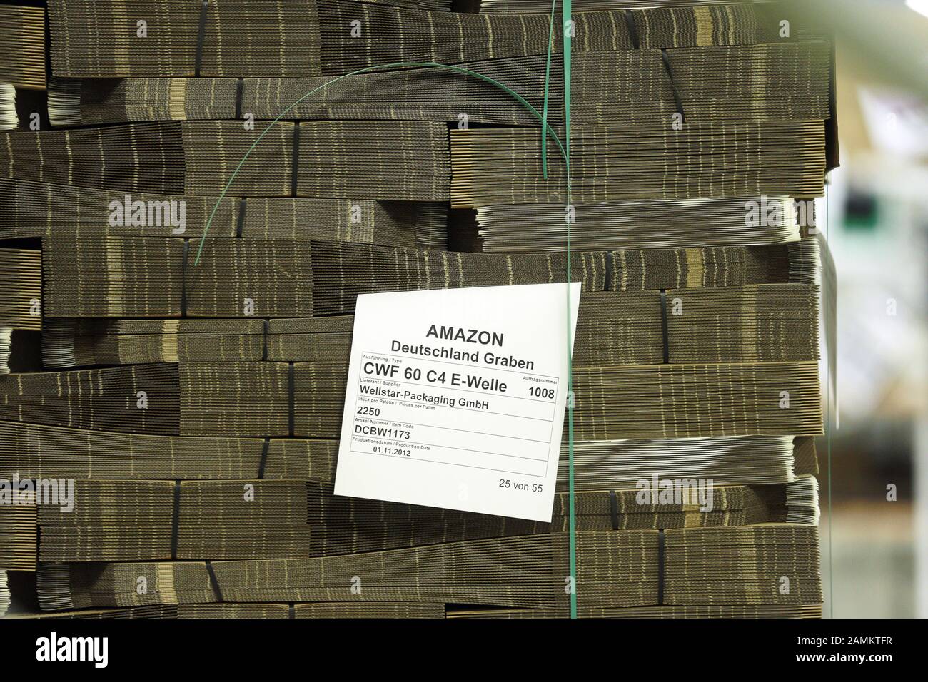 Packing material stacked on a trolley at Amazon's logistics centre ...