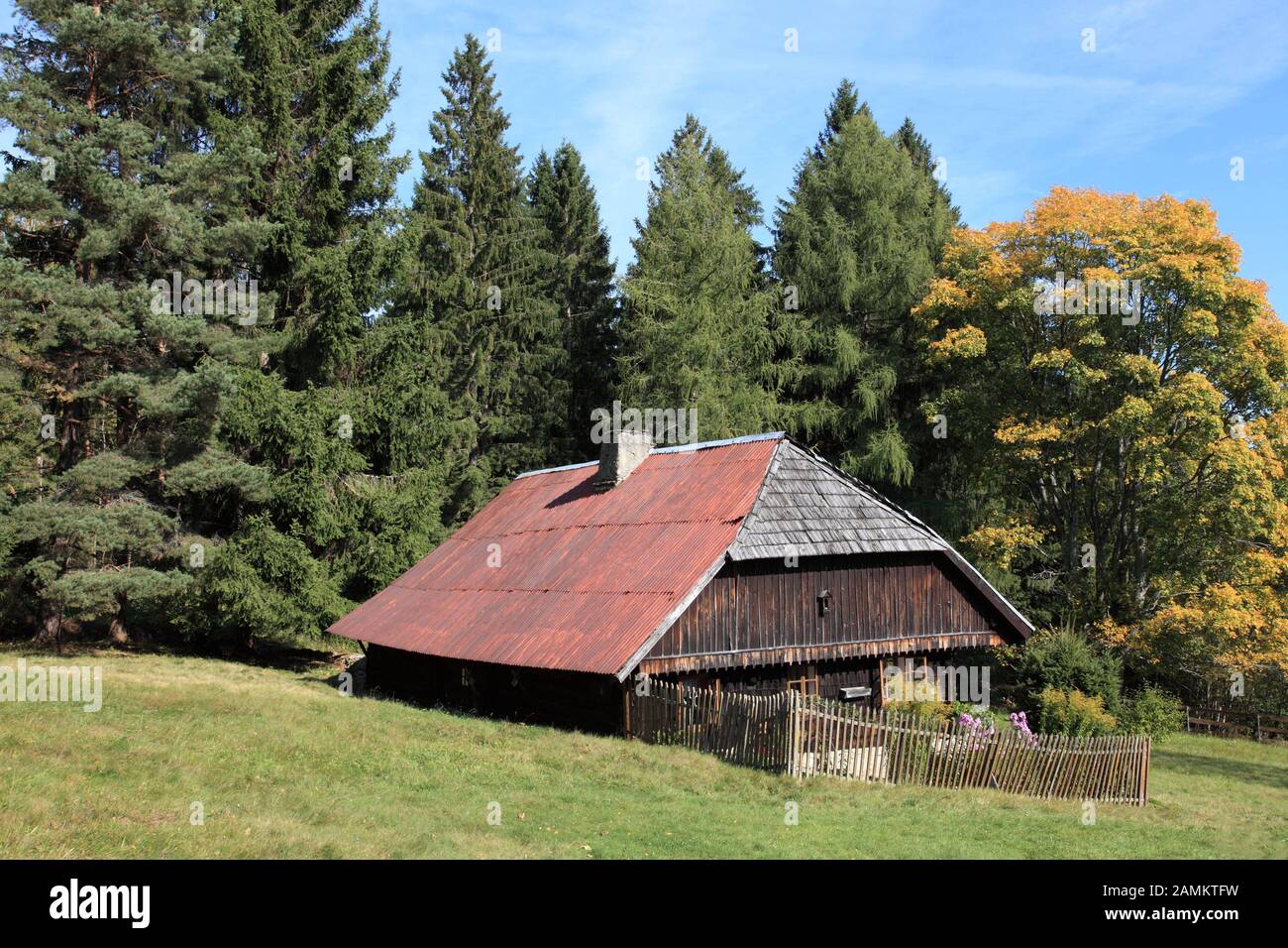typical wooden house in Srni, German: Rehberg, Sumava National Park ...
