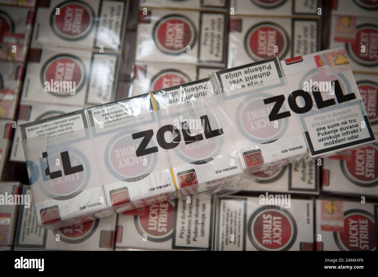 Confiscated contraband cigarettes at the Munich customs investigation ...