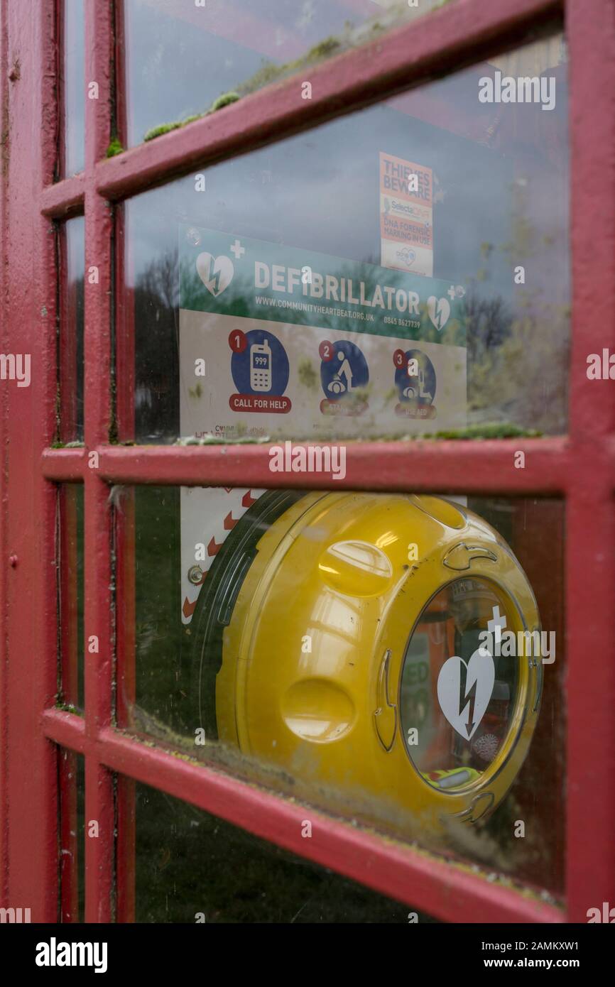 A defibrillator located inside an old phone box, to be used by the ...