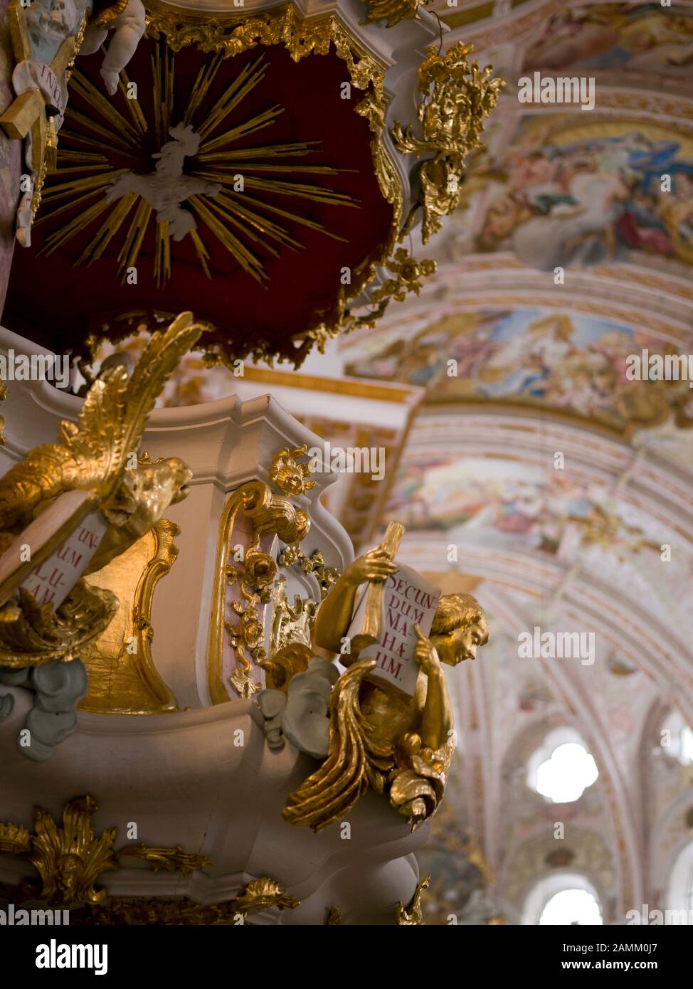 Baroque pulpit in the monastery church Fürstenfeld in Fürstenfeldbruck ...