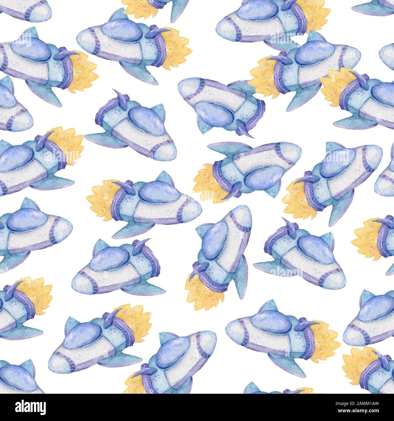 Seamless Cartoon blue Rocket Ship watercolor colorful Pattern ...