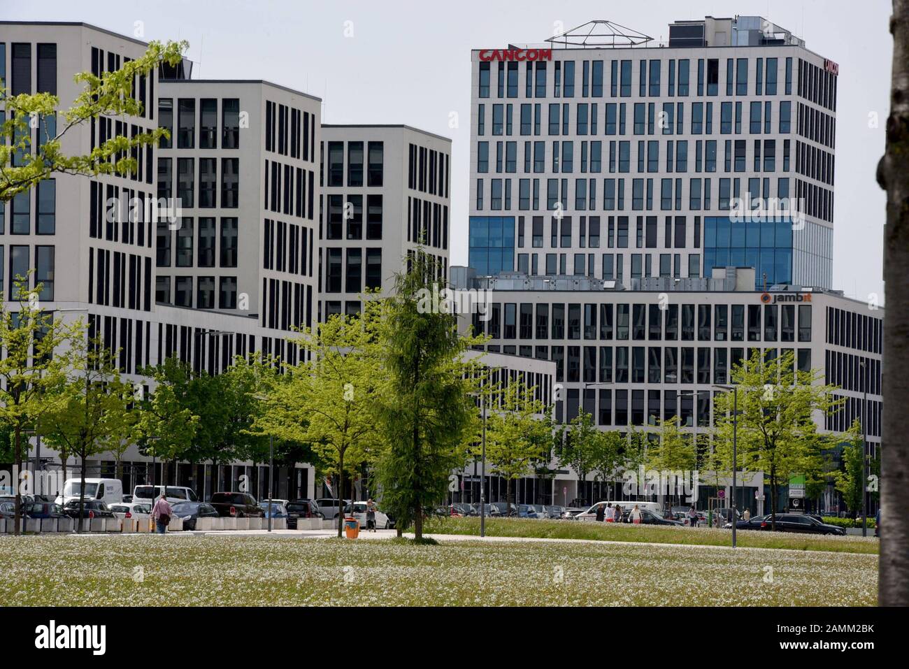 Green space and office buildings in the Arnulfpark development area in ...