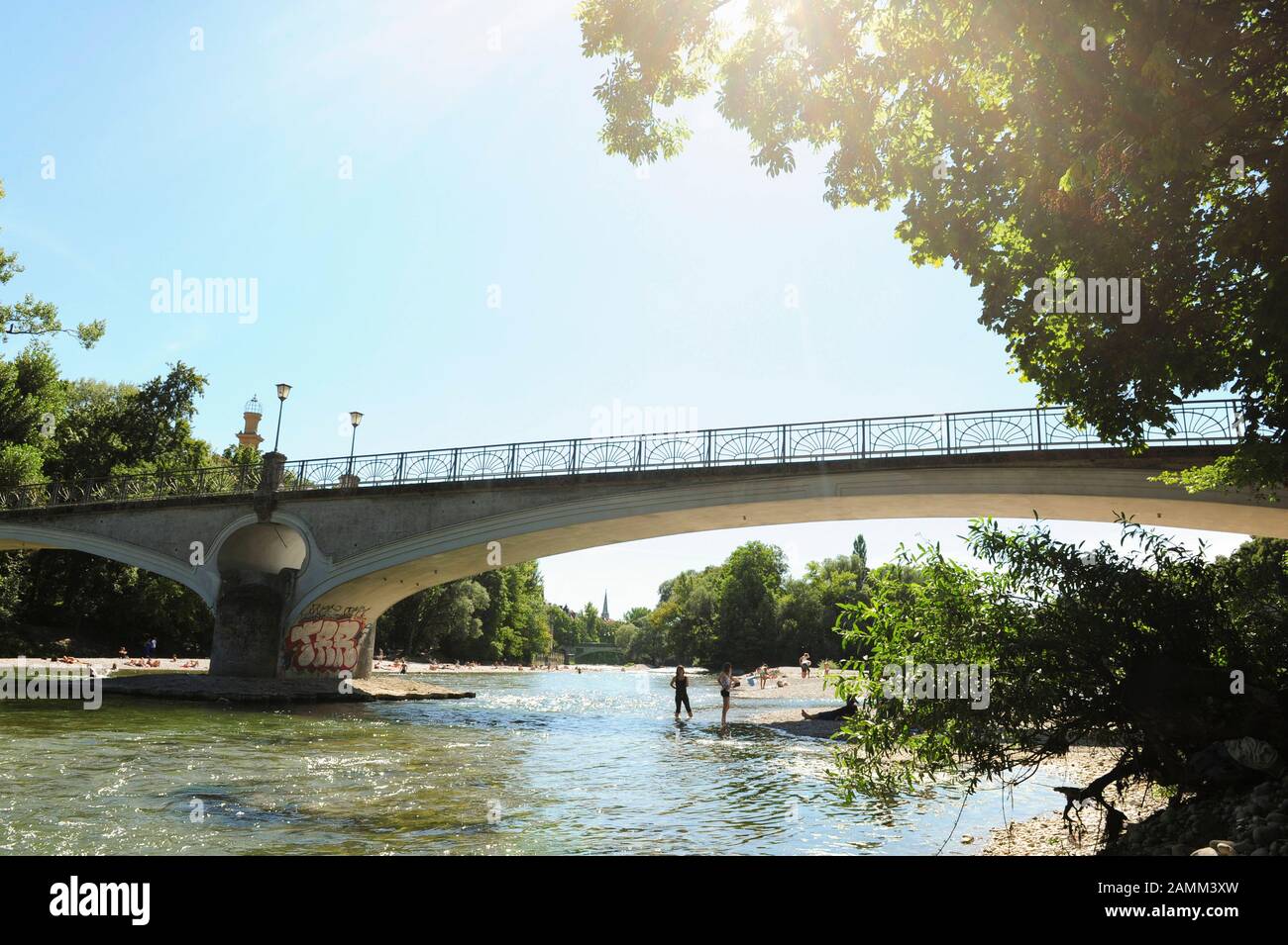 View of the cable bridge at the Isar river in Munich. [automated ...