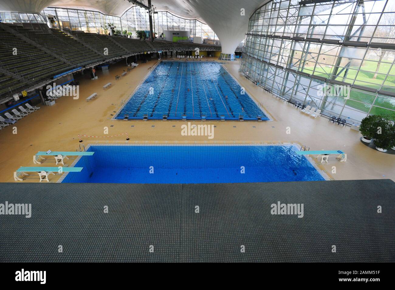 Diving tower with 10 meter board in the Olympic swimming hall in the ...