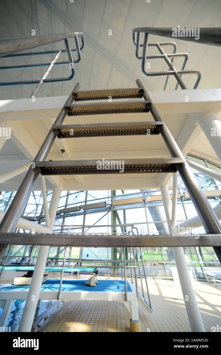 Diving tower with 10 meter board in the Olympic swimming hall in the ...