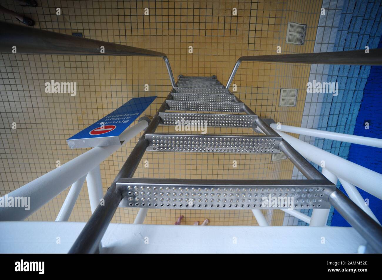 Diving tower with 10 meter board in the Olympic swimming hall in the ...