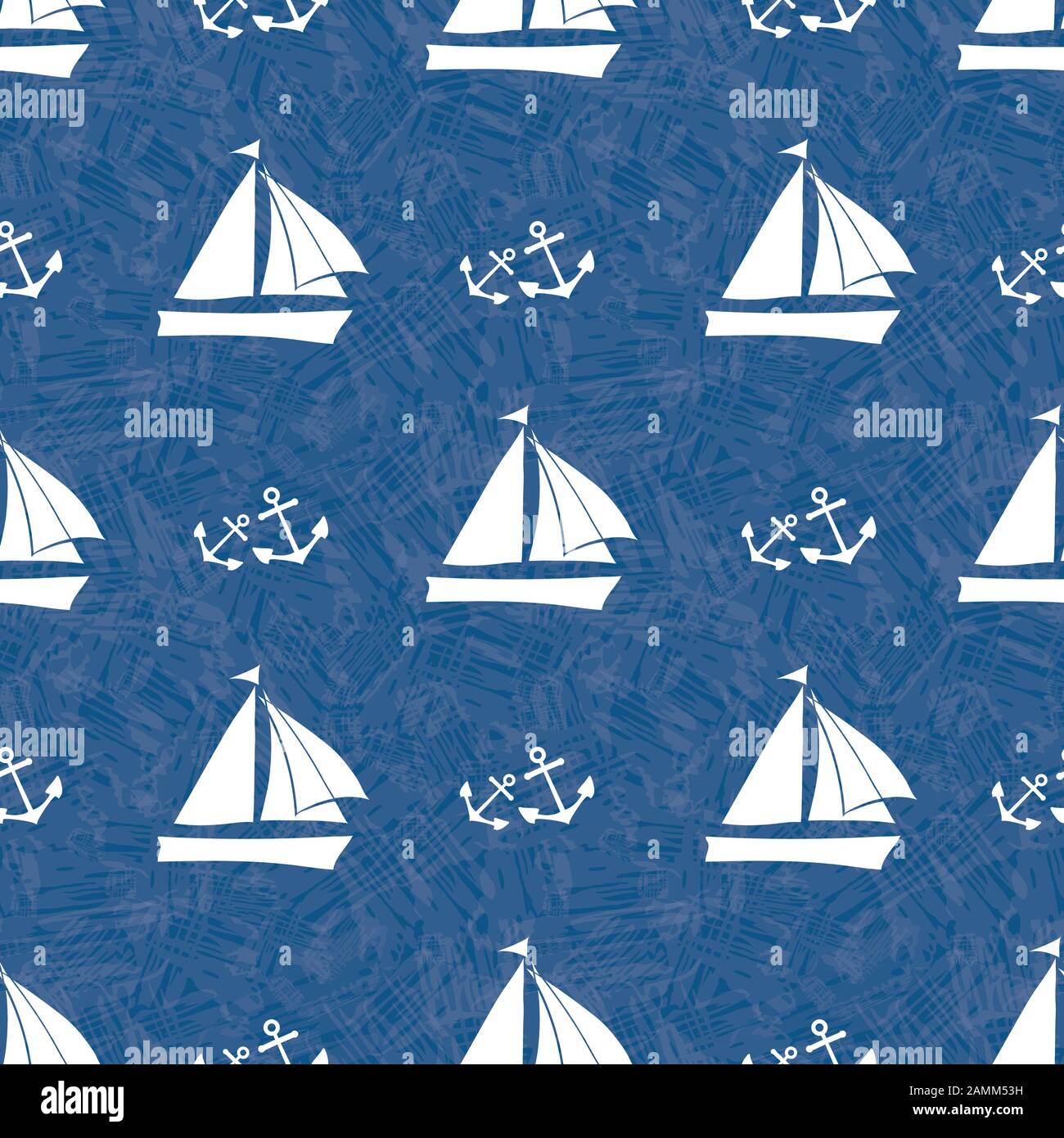 Stencil style vector white sailing boats and sets of anchors. Seamless ...