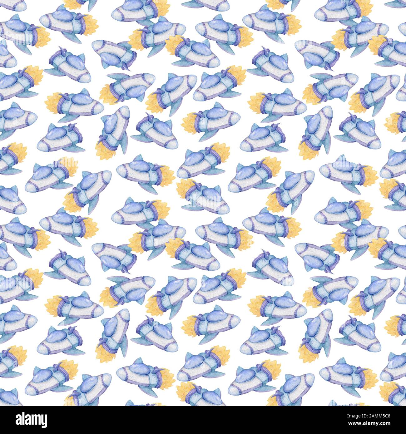 Seamless Cartoon blue Rocket Ship watercolor colorful Pattern ...