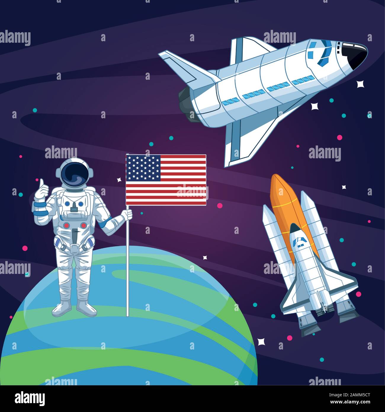 astronaut with american flag planet rocketship spacecraft space ...