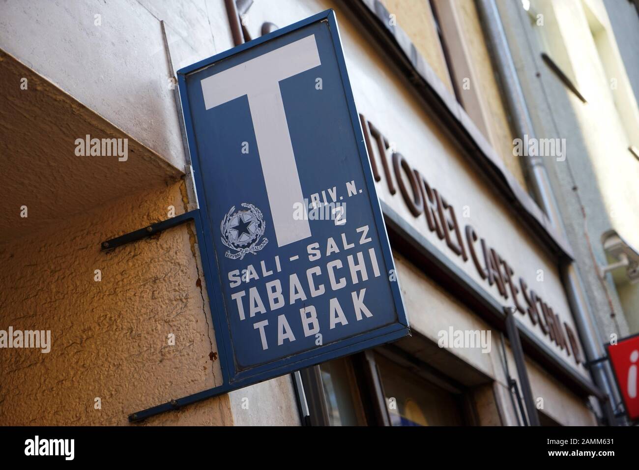 Sign "Tabacchi Tabak" above the entrance to the "Bar Centrale" at ...