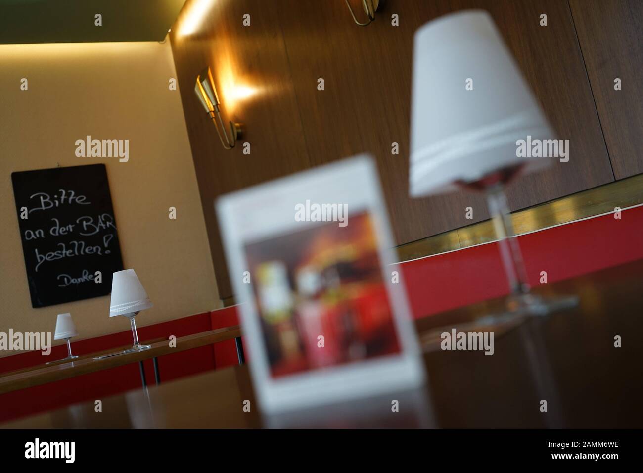 Table in the Congress Bar in a former 1950s Munich Trade Fair building ...