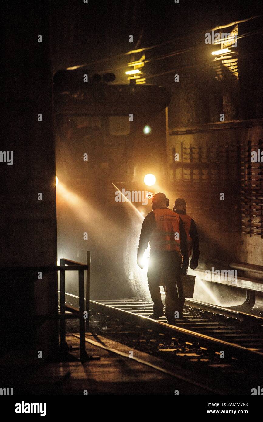 Rail grinding train on underground tracks between the stations Basler ...