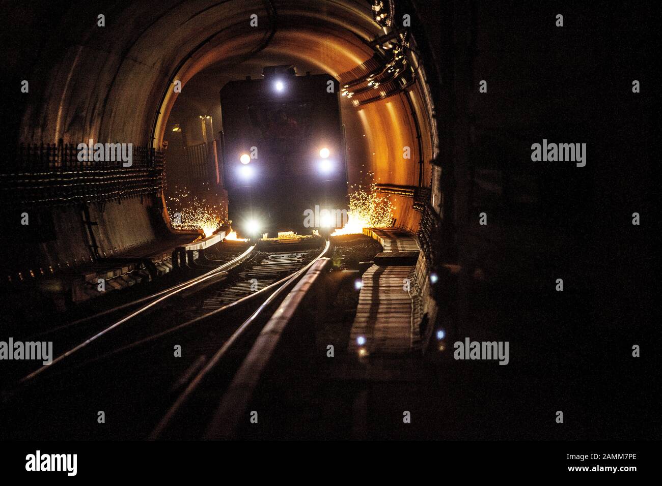 Rail grinding train on underground tracks between the stations Basler ...