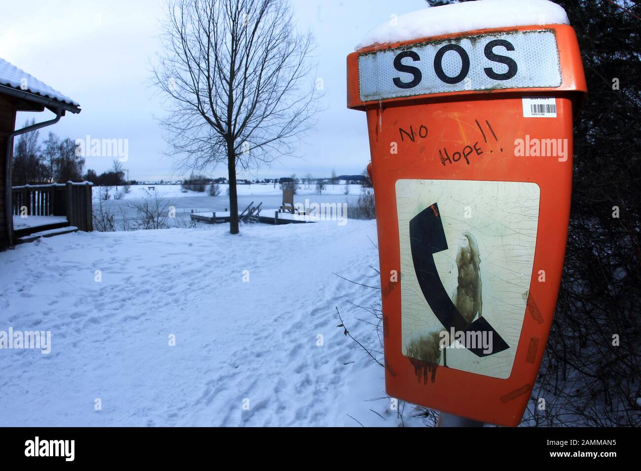 SOS emergency call point at the Eichenauer bathing lake. [automated ...