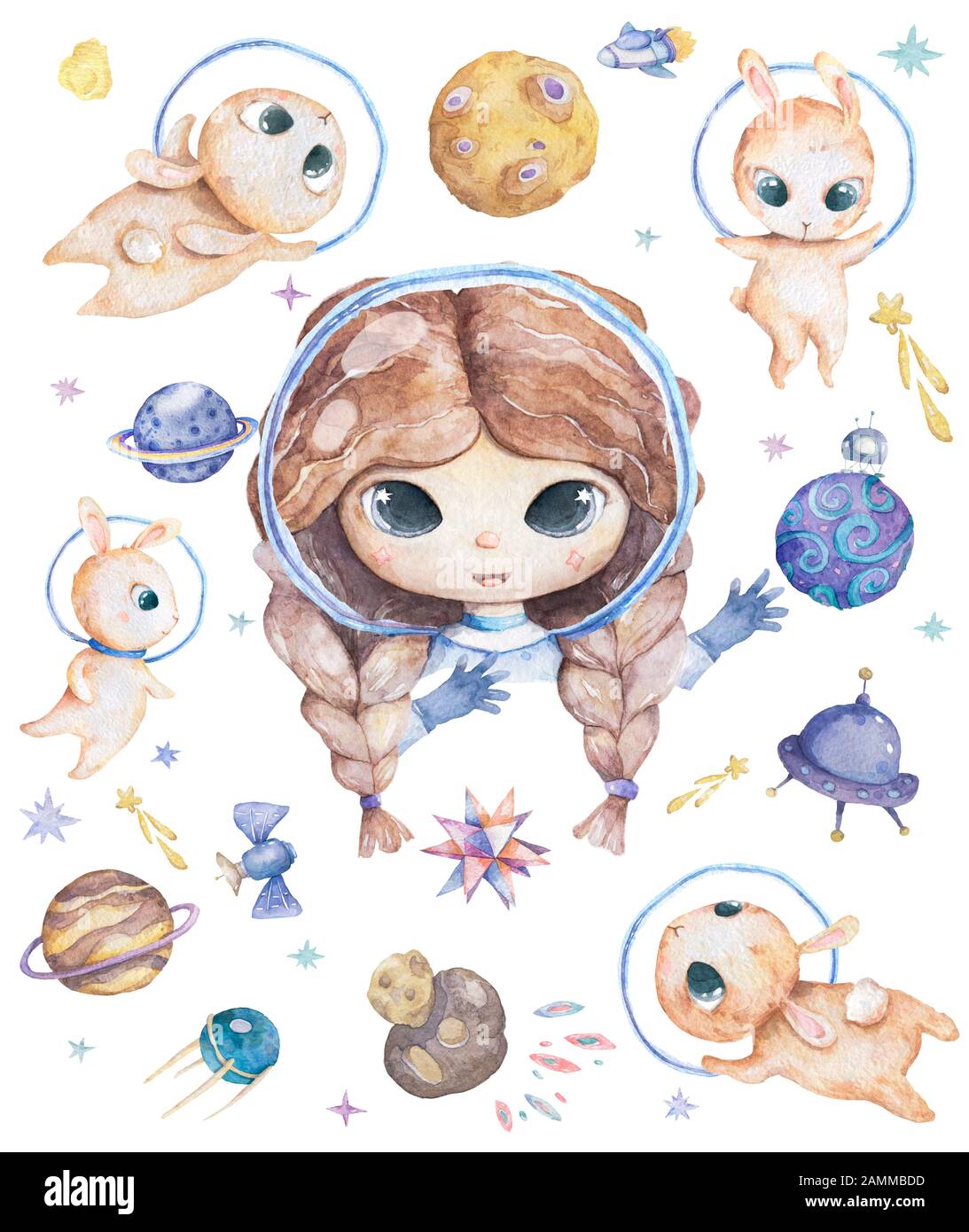 Cute smiling girl brown hair flowers in head take blue planet in hands ...