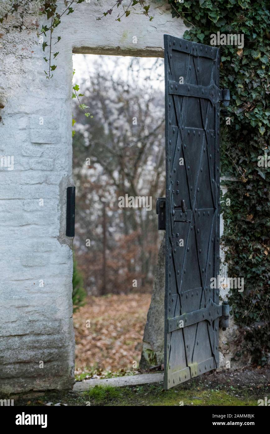 Garden gate during a tour of the late medieval hilltop castle above the ...