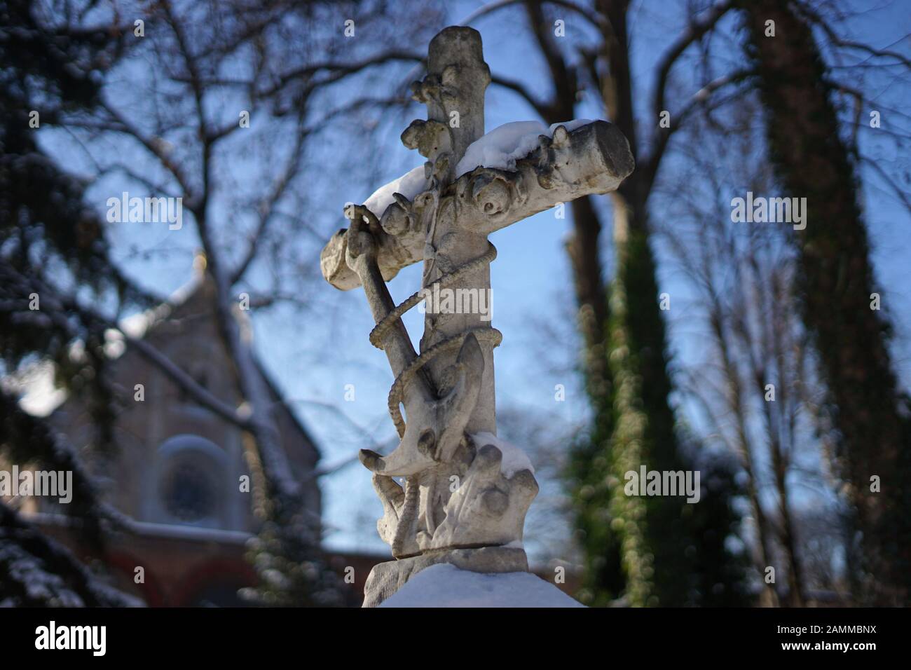 Snow-covered gravestone at the Old Southern Cemetery at the ...