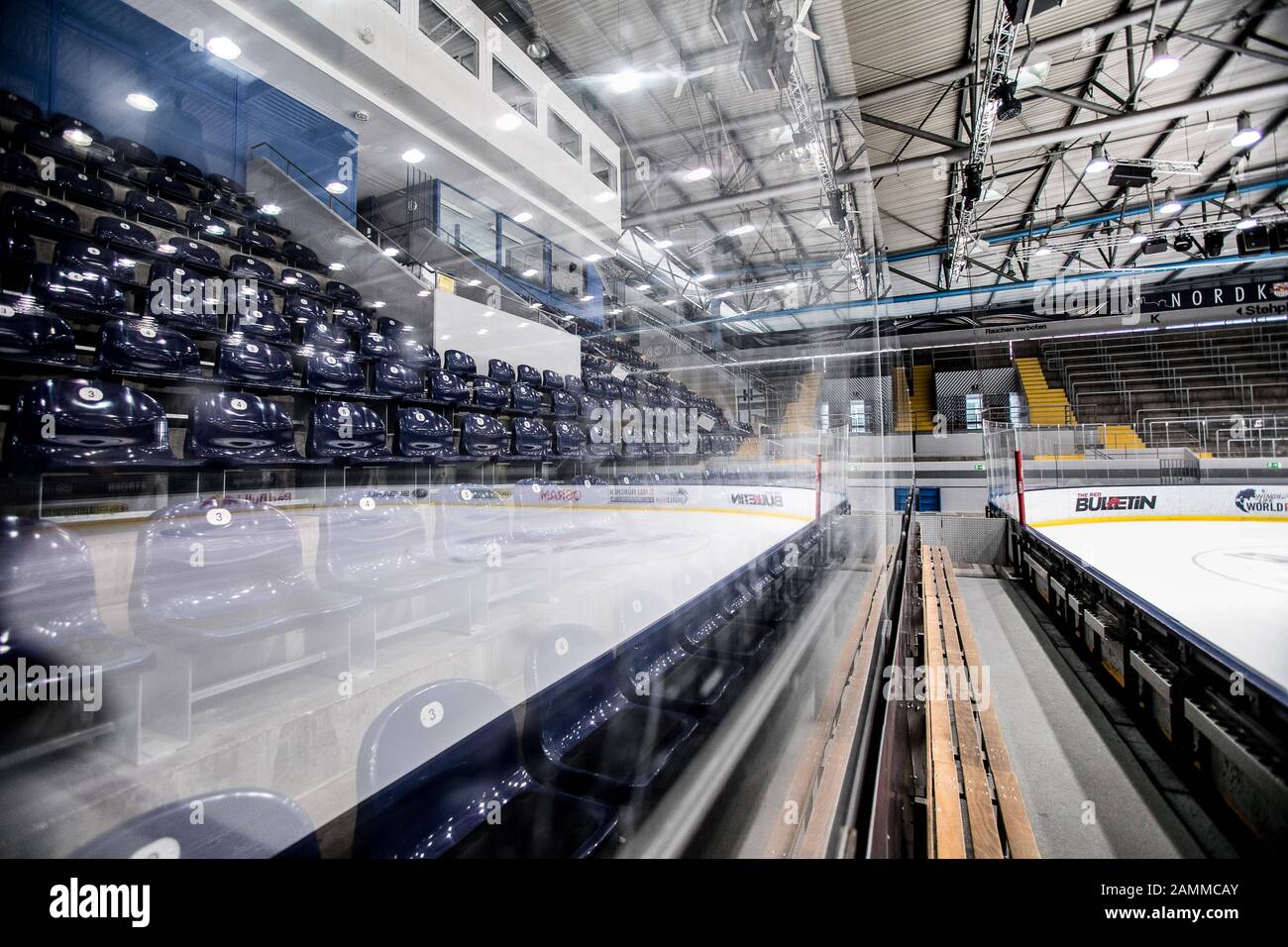 Spectator tiers, players' bench and ice rink in the Olympic Ice Sports ...