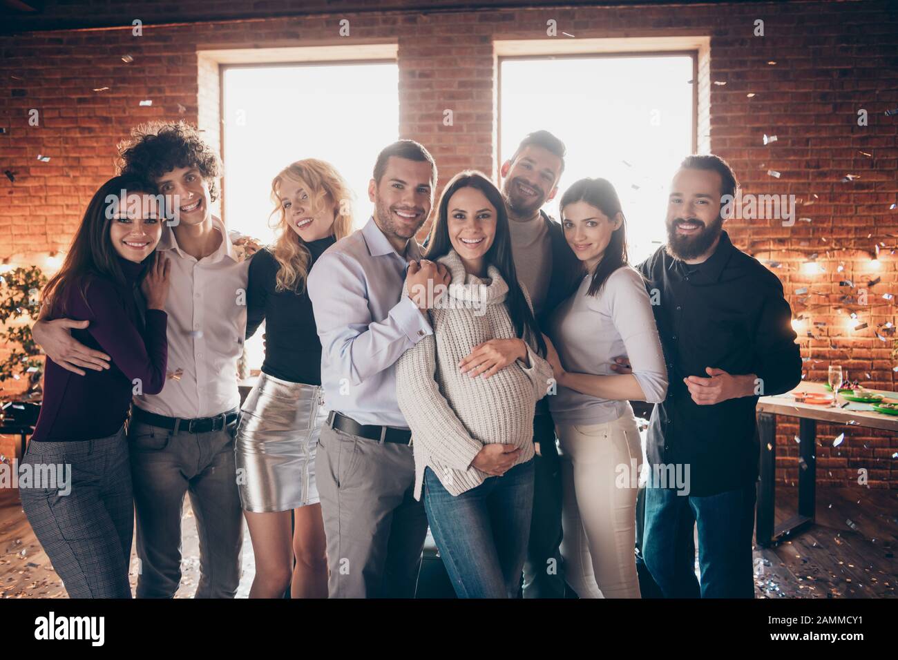 Photo of eight best friends celebrating surprise baby party greeting ...