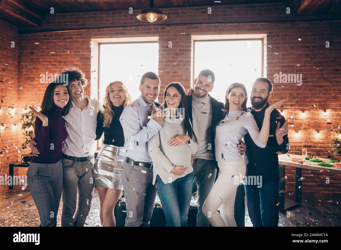 Photo of eight old friends buddies celebrating surprise baby born ...