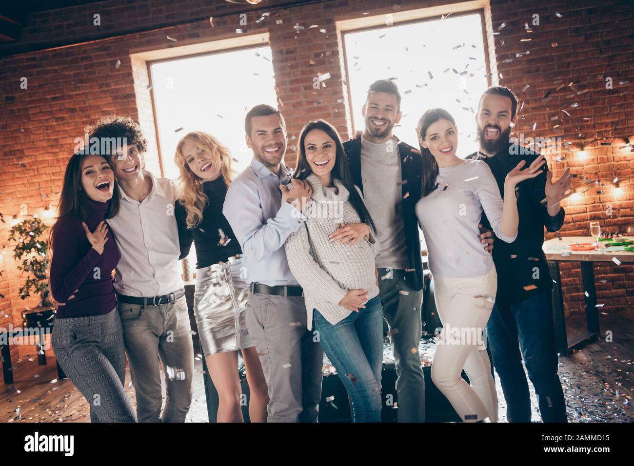 Photo of best friends hugging together celebrating surprise baby born ...