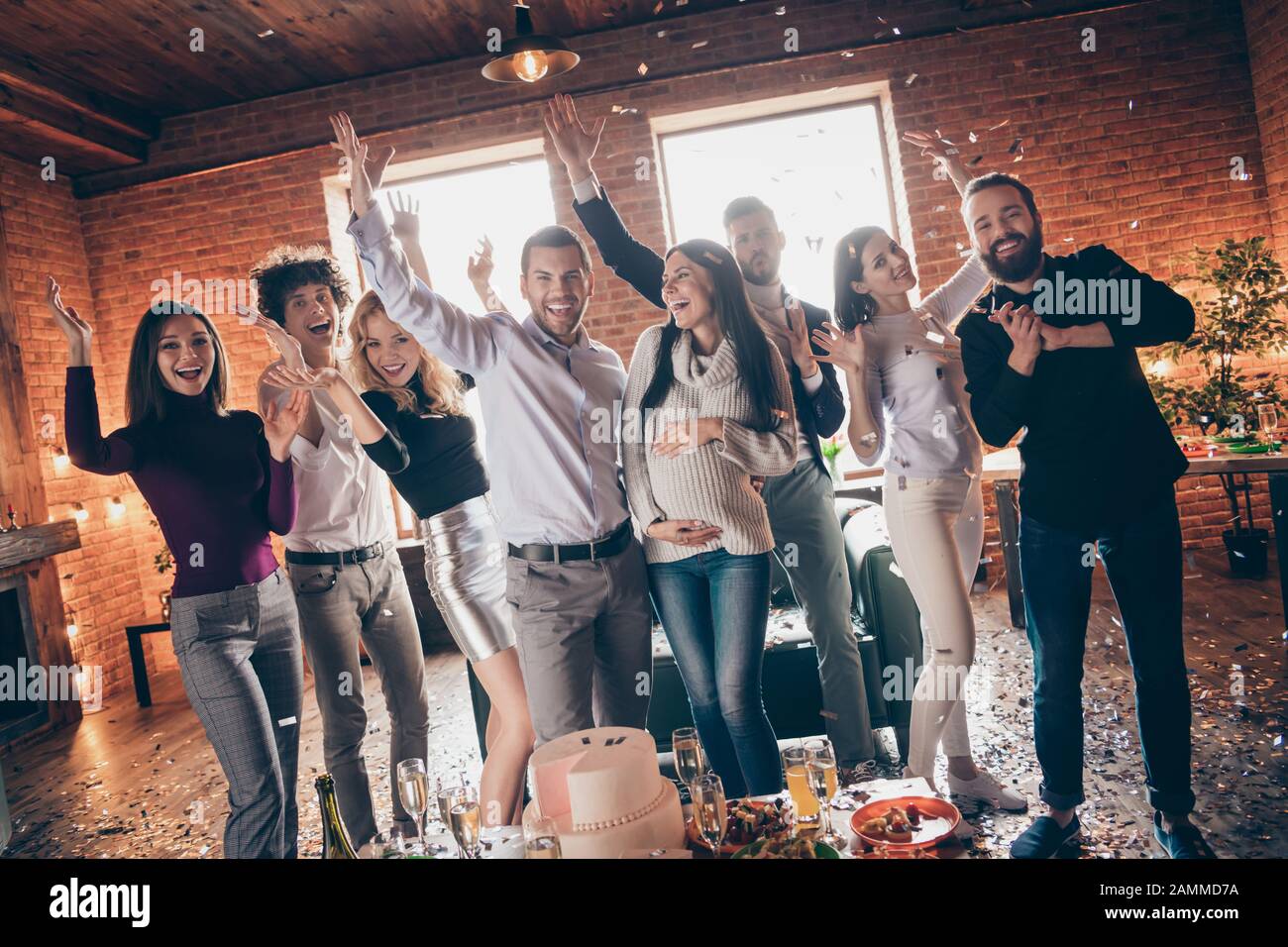 Photo of eight best friends throw confetti surprise baby party meet ...