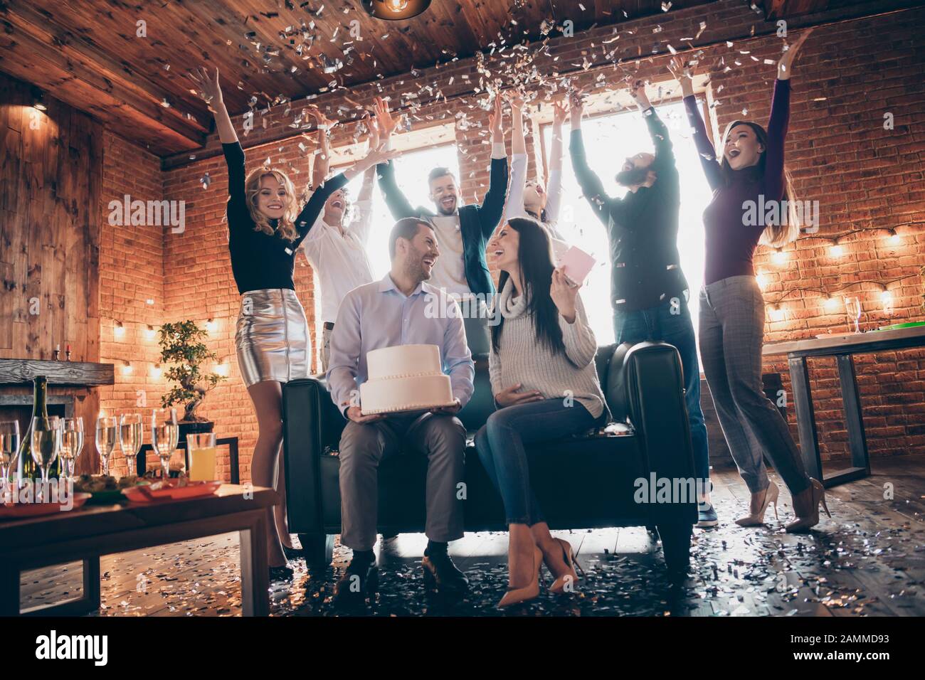 Low angle photo of group amazing eight friends throwing confetti ...