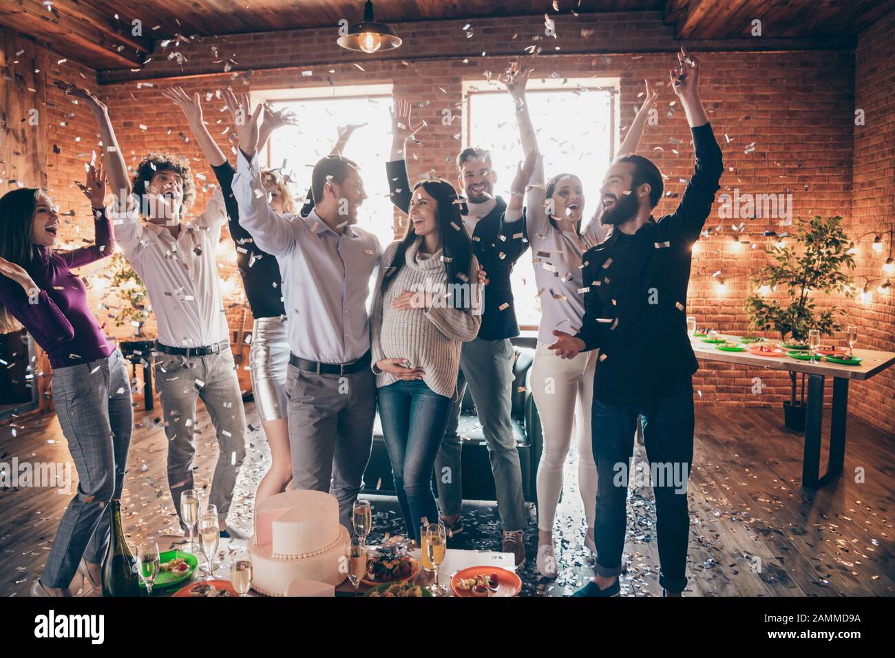 Photo of group amazing friends throwing confetti surprise baby party ...