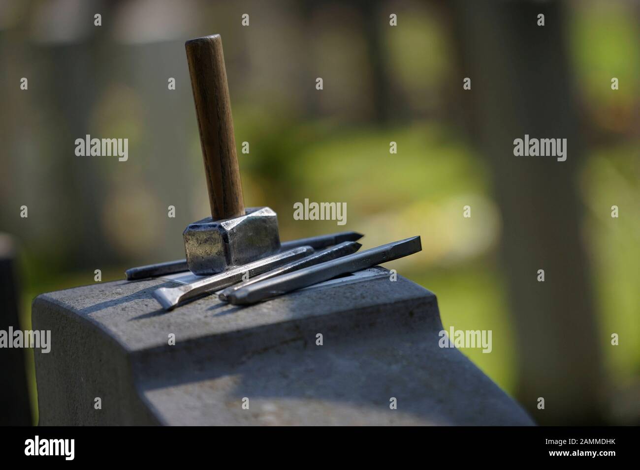 Tools of a grave engraver at the cemetery of the St. Martin's church in ...
