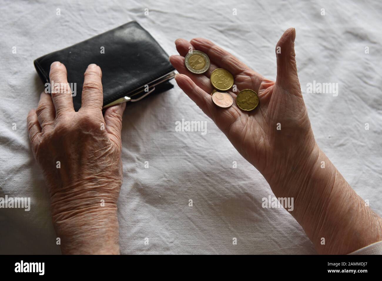 Report on old-age poverty: An elderly lady counts the money in her ...