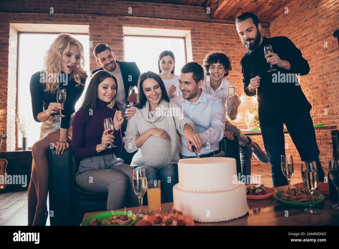 Photo of group best friends came to visit married couple waiting baby ...