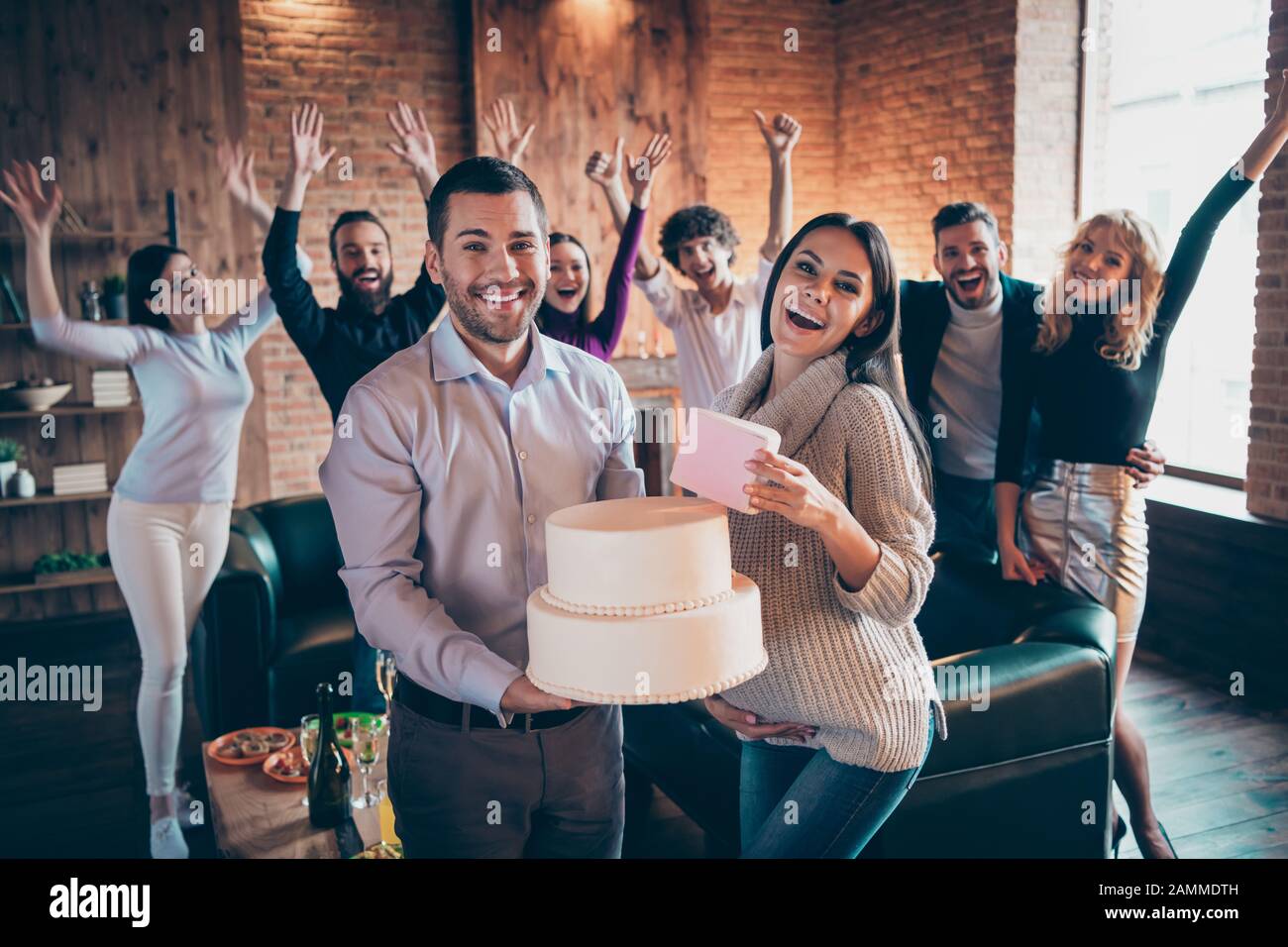 Photo of group crazy funky friends visit couple waiting baby arranging ...