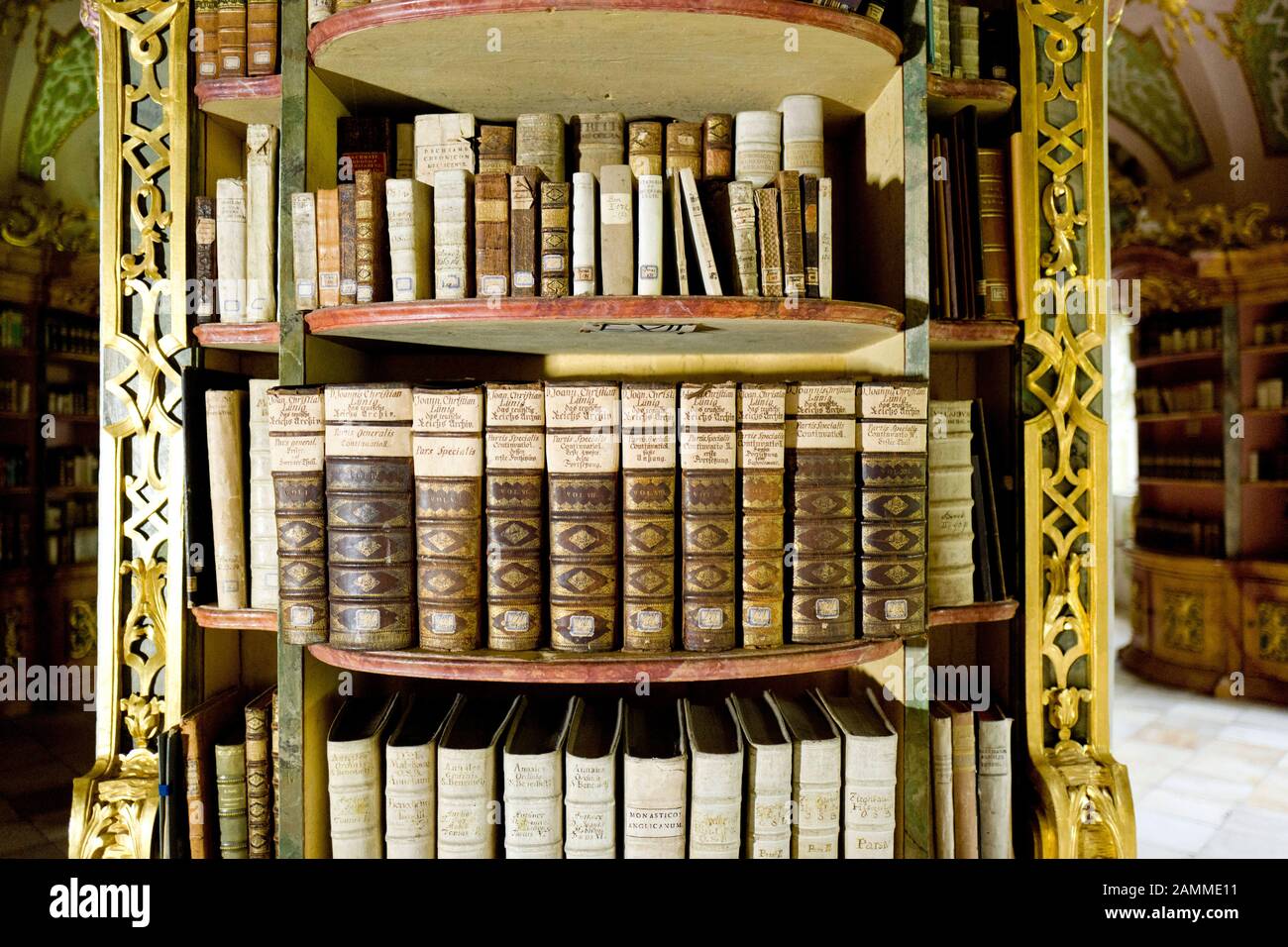 Old books in the baroque library of the Benedictine monastery in Metten ...