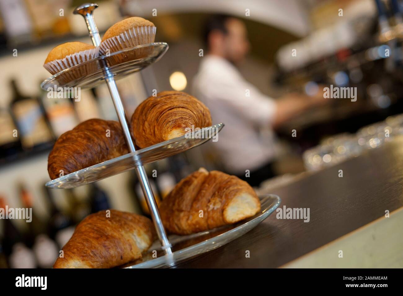 Stand with croissants on the counter of the bar "Apero Monaco" in the ...