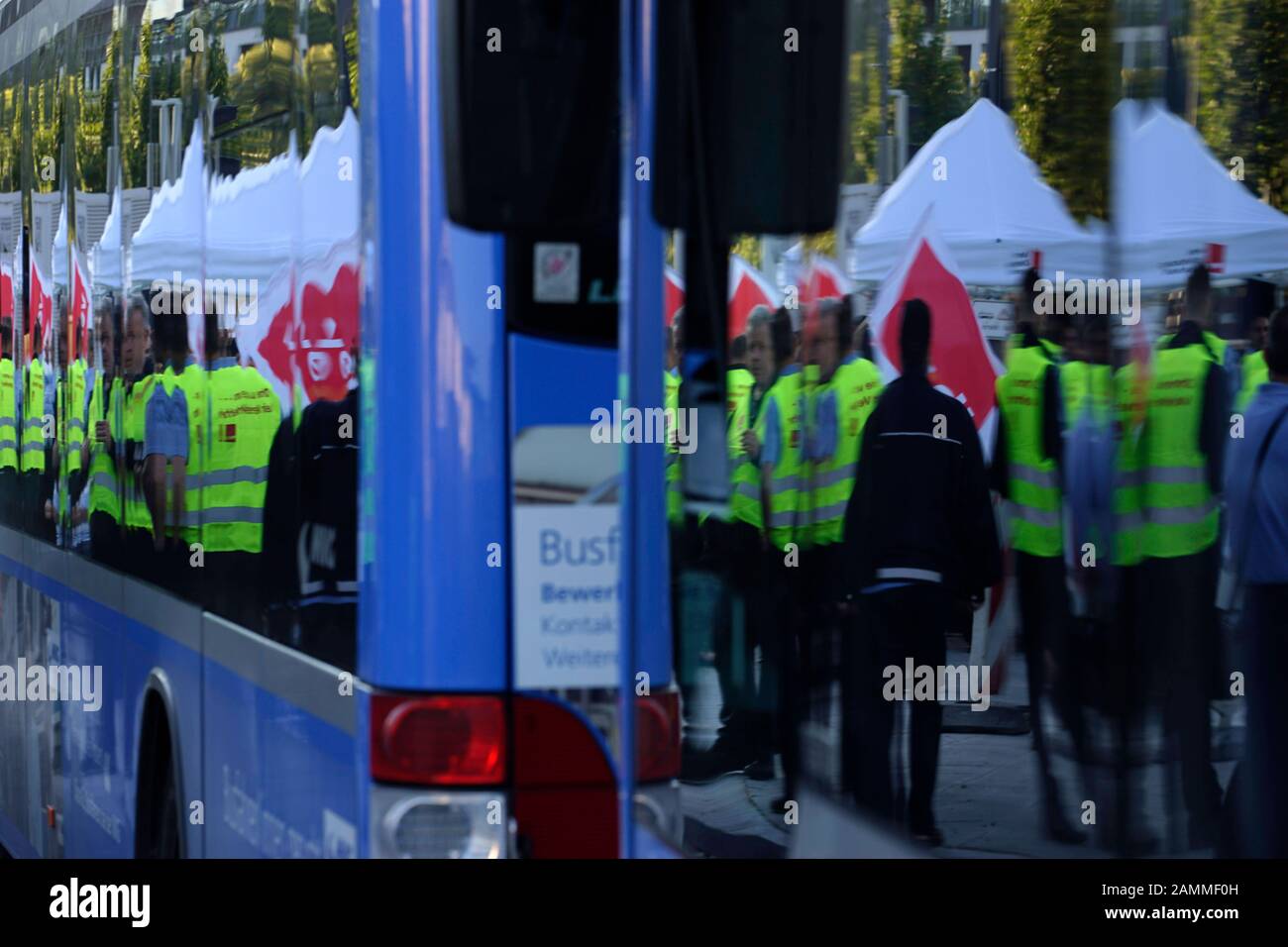 Warning strike of the bus drivers at the bus depot in the ...