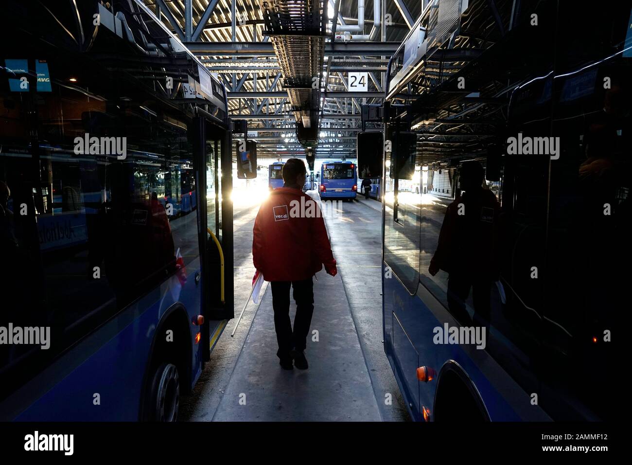 Warning strike of the bus drivers at the bus depot in the ...