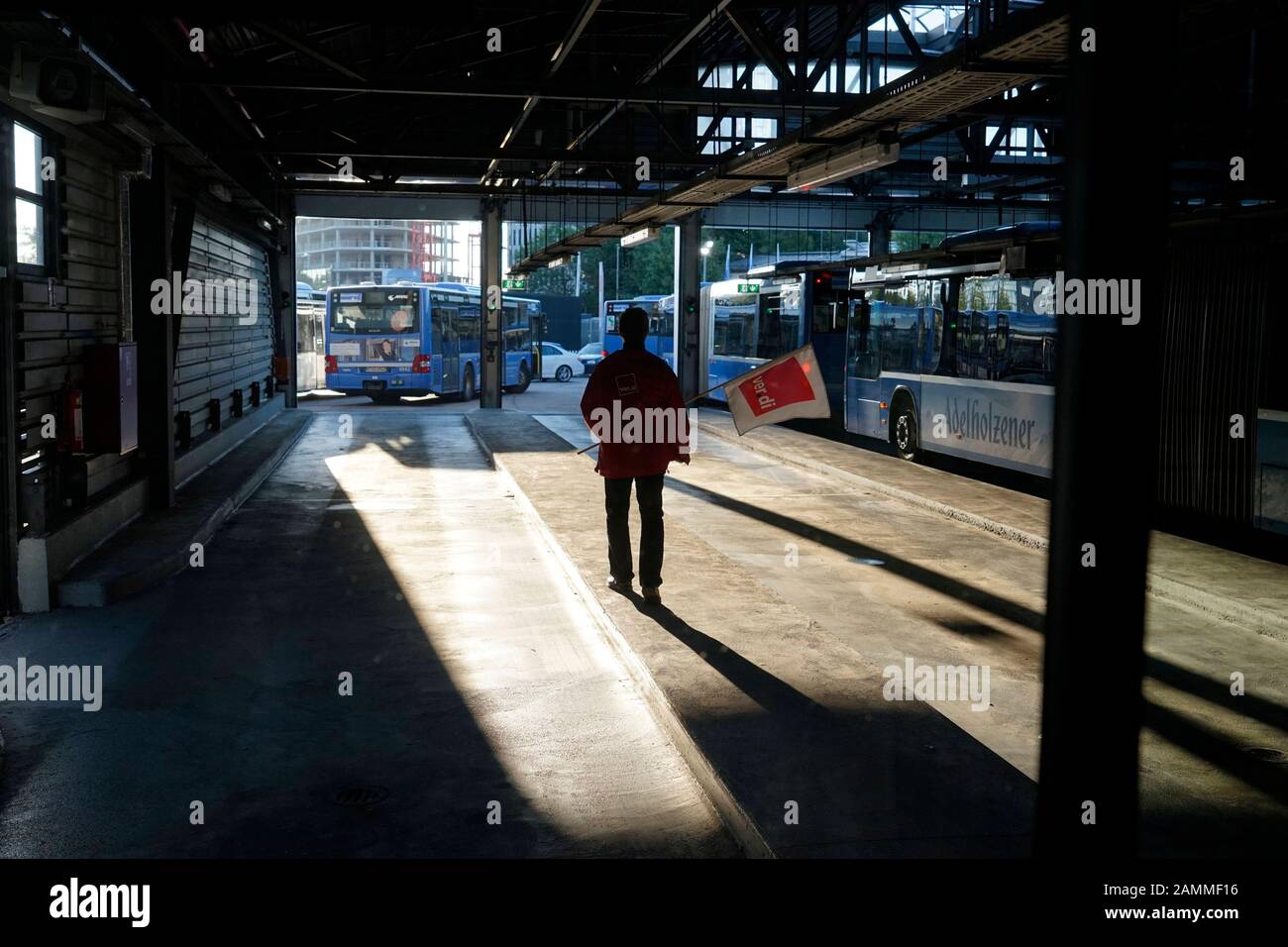 Warning strike of the bus drivers at the bus depot in the ...