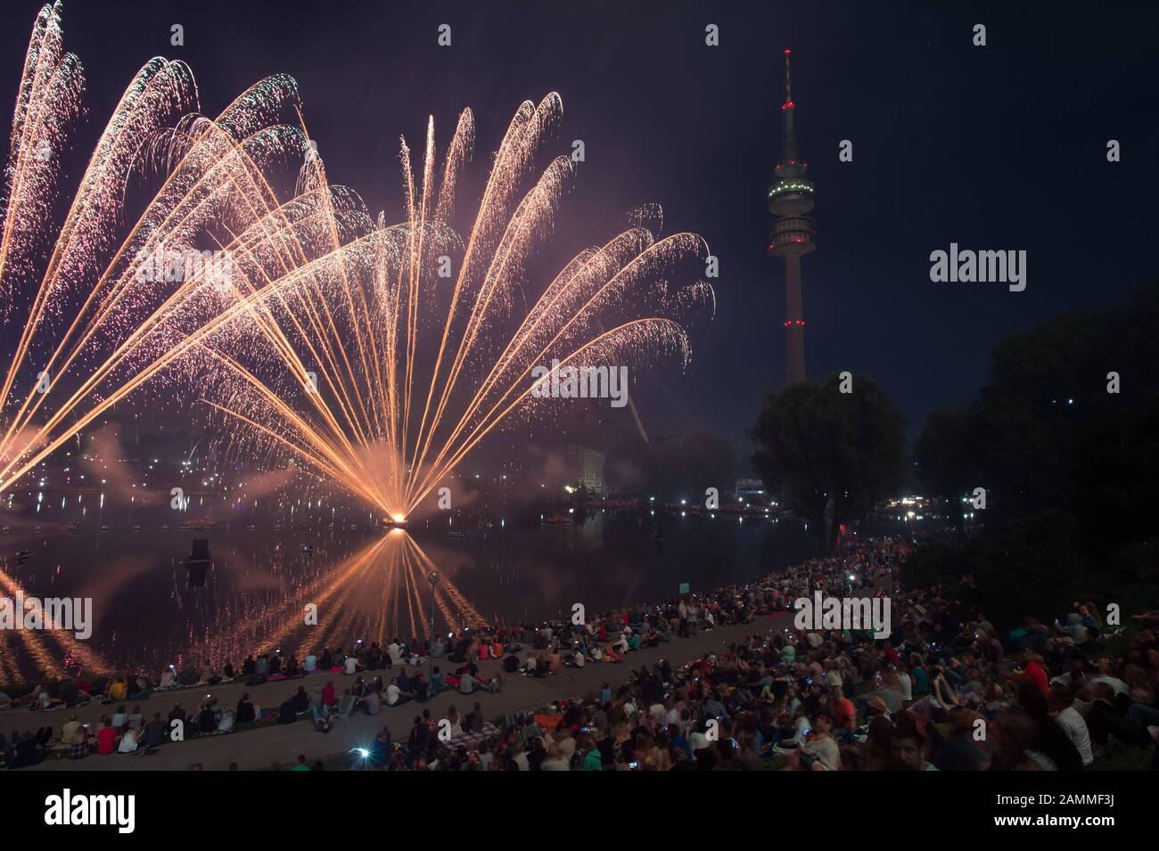 Fireworks over the Olympic lake at the Munich Midsummer Night's Dream ...