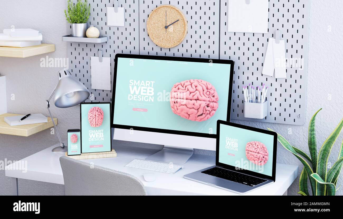 minimal responsive studio with devices 3d rendering Stock Photo - Alamy