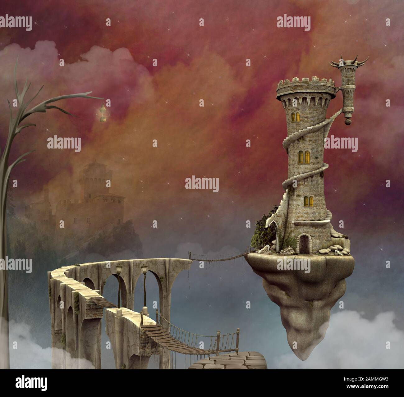 Fantasy flying tower and a long bridge over the clouds in a purple sky ...