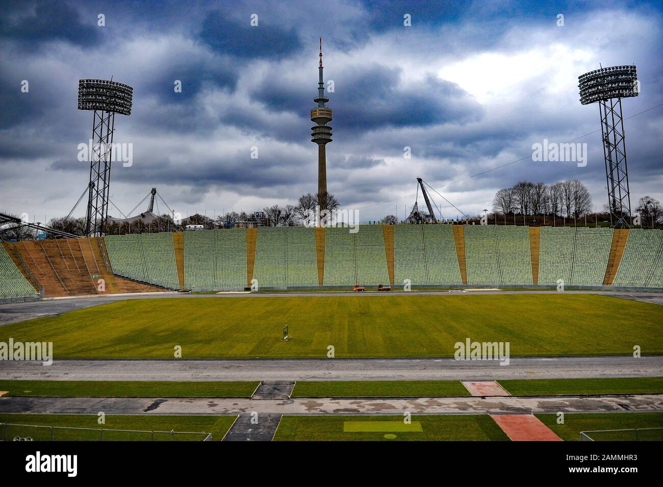 Seat grandstand and scoreboard in the Olympic Stadium in Munich's ...